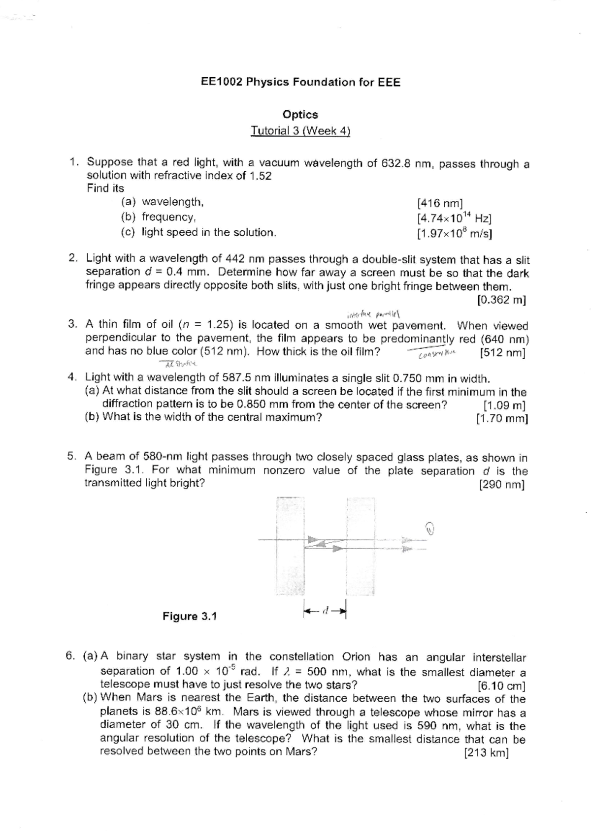 Physics Foundation Tutorial 3 Solution - EE1002 Physics Foundation for EEE Optics Tutorial 3 ...