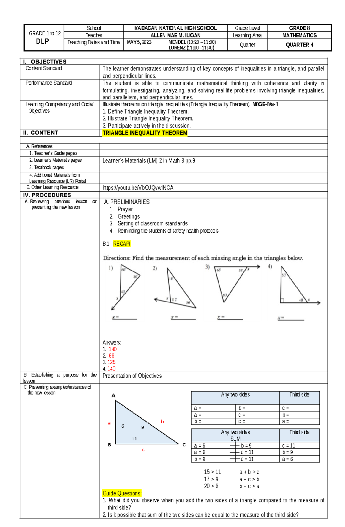 DLP 5 Triangle Inequality Theorem (Mendel only) - GRADE 1 to 12 DLP ...