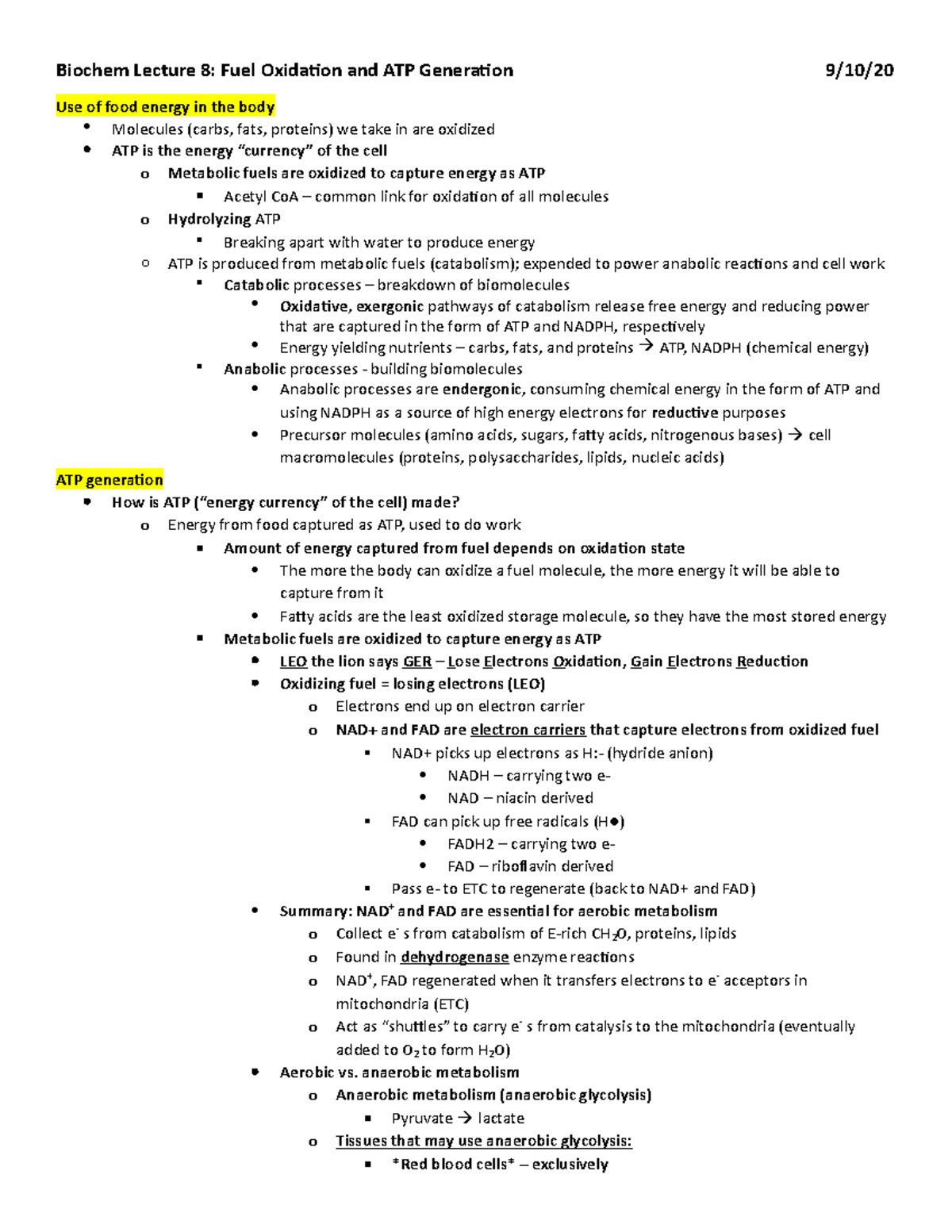 CAC Review - Notes - Biochem Lecture 8: Fuel Oxidation and ATP ...