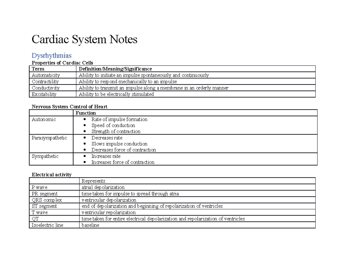 Cardiac System Notes - Cardiac System Notes Dysrhythmias Properties of ...