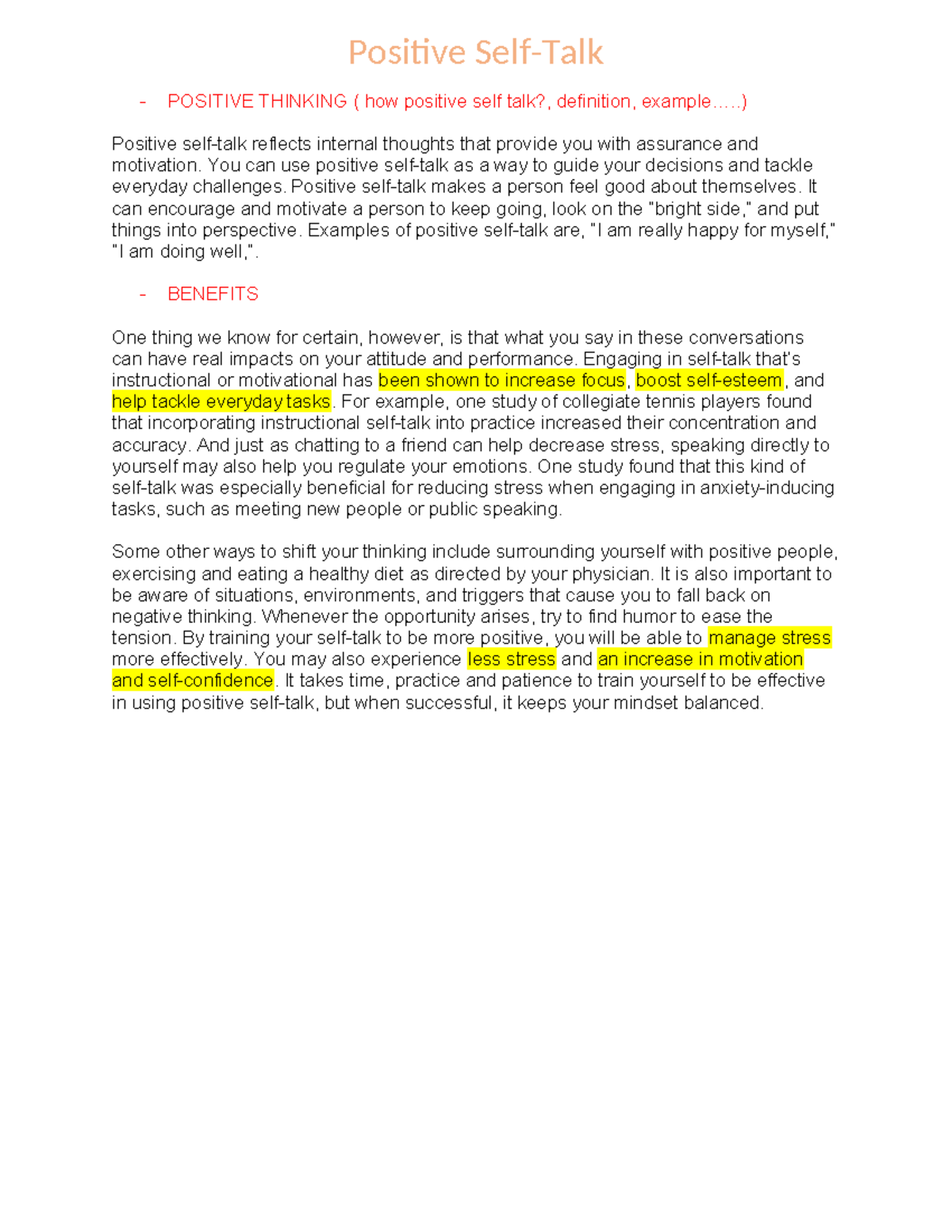 Positive Self-talk and benefits - Positive Self-Talk POSITIVE THINKING ...