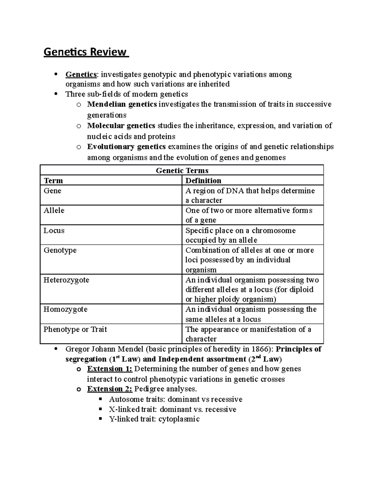 Genetics Review - Lecture notes 1 - Genetics Review Genetics ...