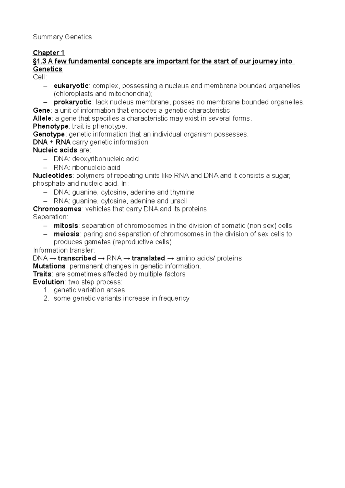 Summary Genetics: Complete Chapters 1 to 6, 8, 9, 11 to 18 and 22 ...