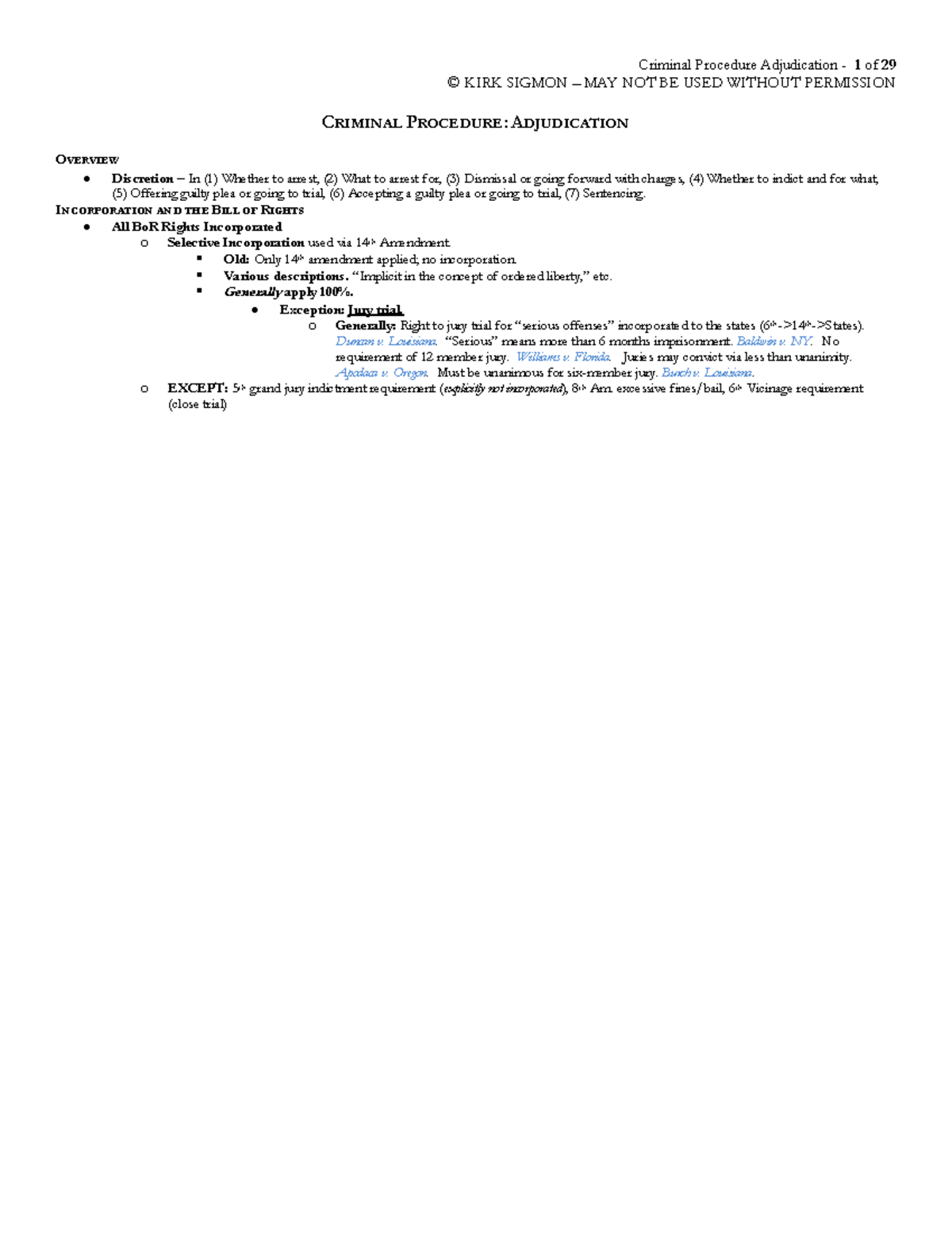 Crim pro 2 outline of the class - © KIRK SIGMON – MAY NOT BE USED ...