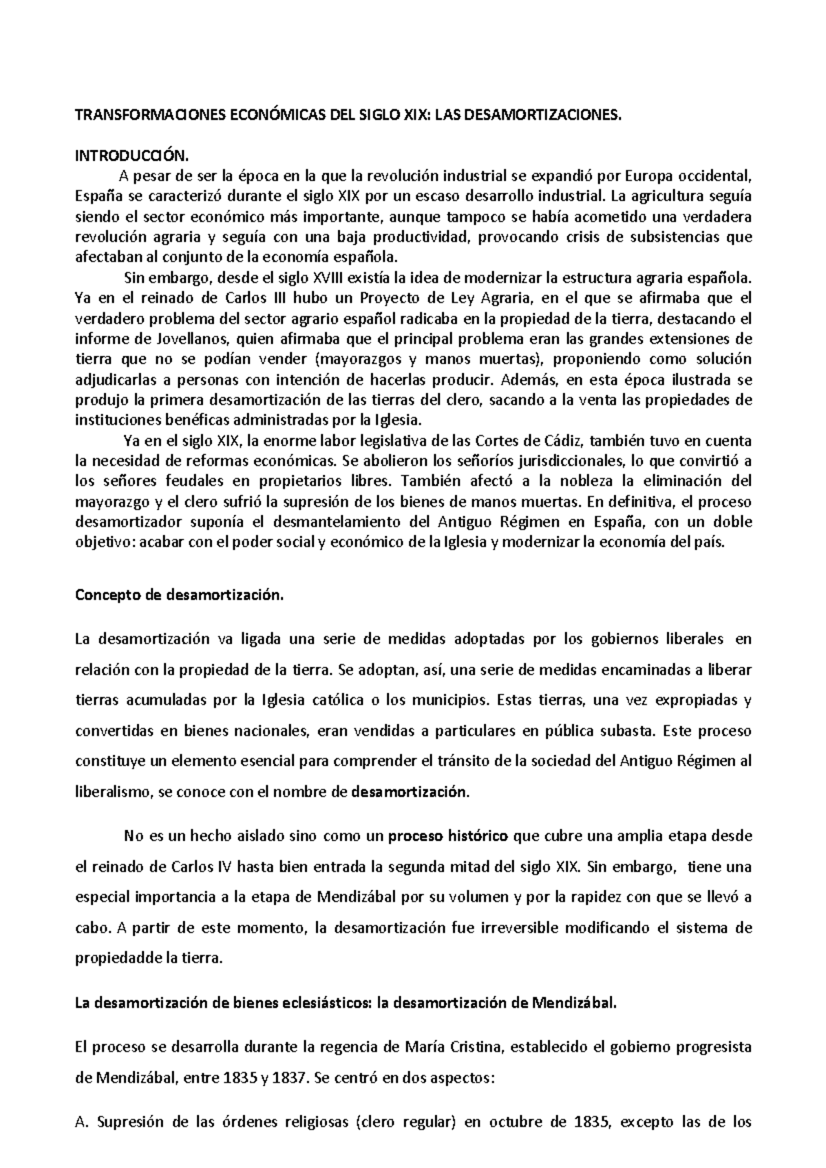 Las Desamortizaciones - TRANSFORMACIONES ECONÓMICAS DEL SIGLO XIX: LAS DESAMORTIZACIONES. - Studocu