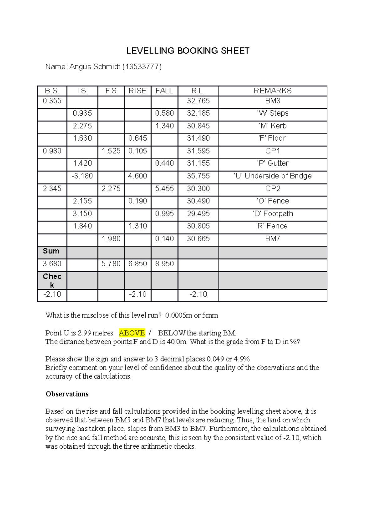 Answer Sheet Lev Booking Q 'Angus Schmidt' - LEVELLING BOOKING SHEET ...