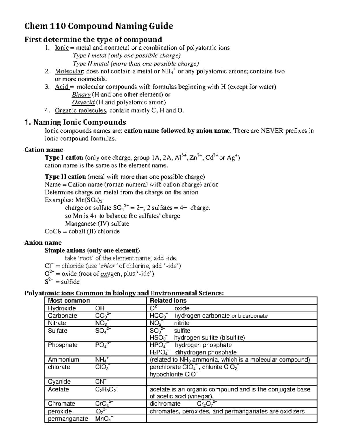 Chem110 Naming Guide - Chem 110 Compound Naming Guide First determine ...