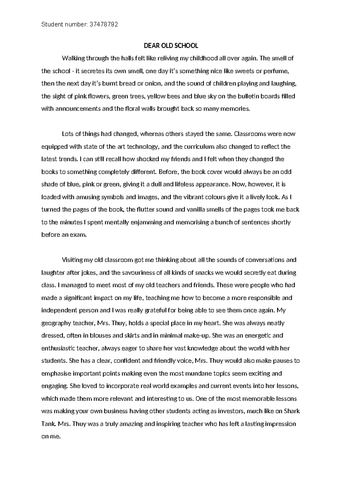 English Imaginative - Standard - Student number: 37478792 DEAR OLD ...