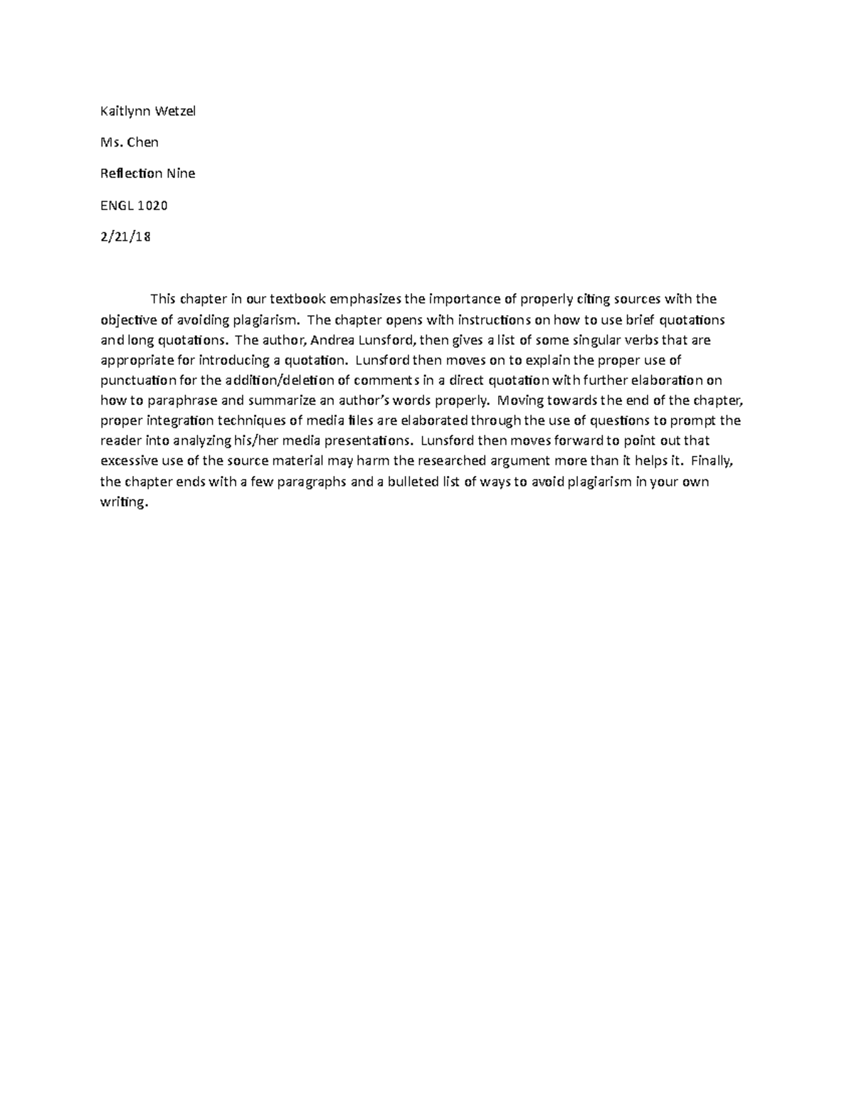 Reflection 9 - Grade: A - Kaitlynn Wetzel Ms. Chen Reflection Nine ENGL ...