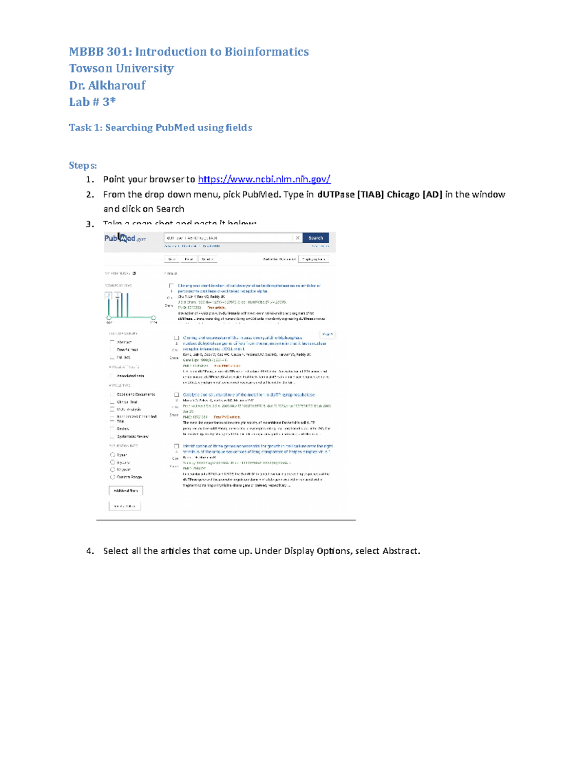 Bhandari.Asmita Lab3 Fields NCBI - MBBB 301: Introduction to Bioinformatics Towson University Dr ...