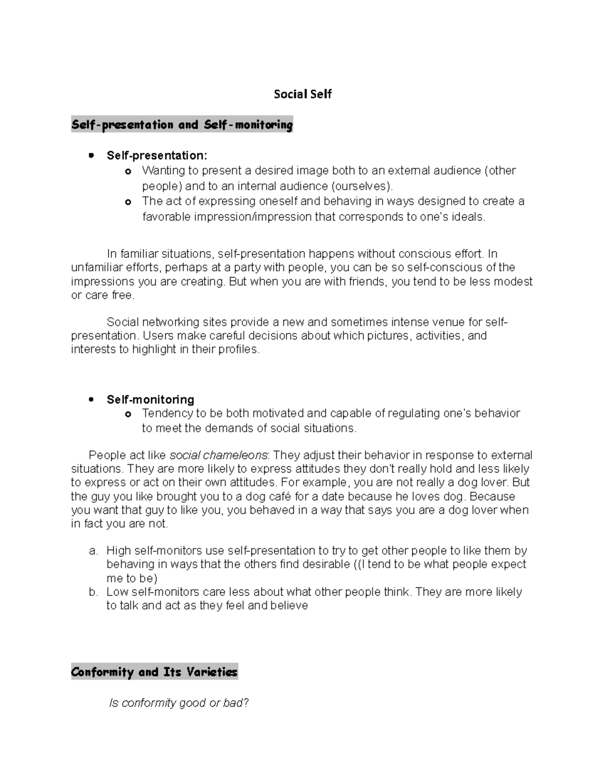 Social Self- part 2 - Social Self Self-presentation and Self-monitoring ...