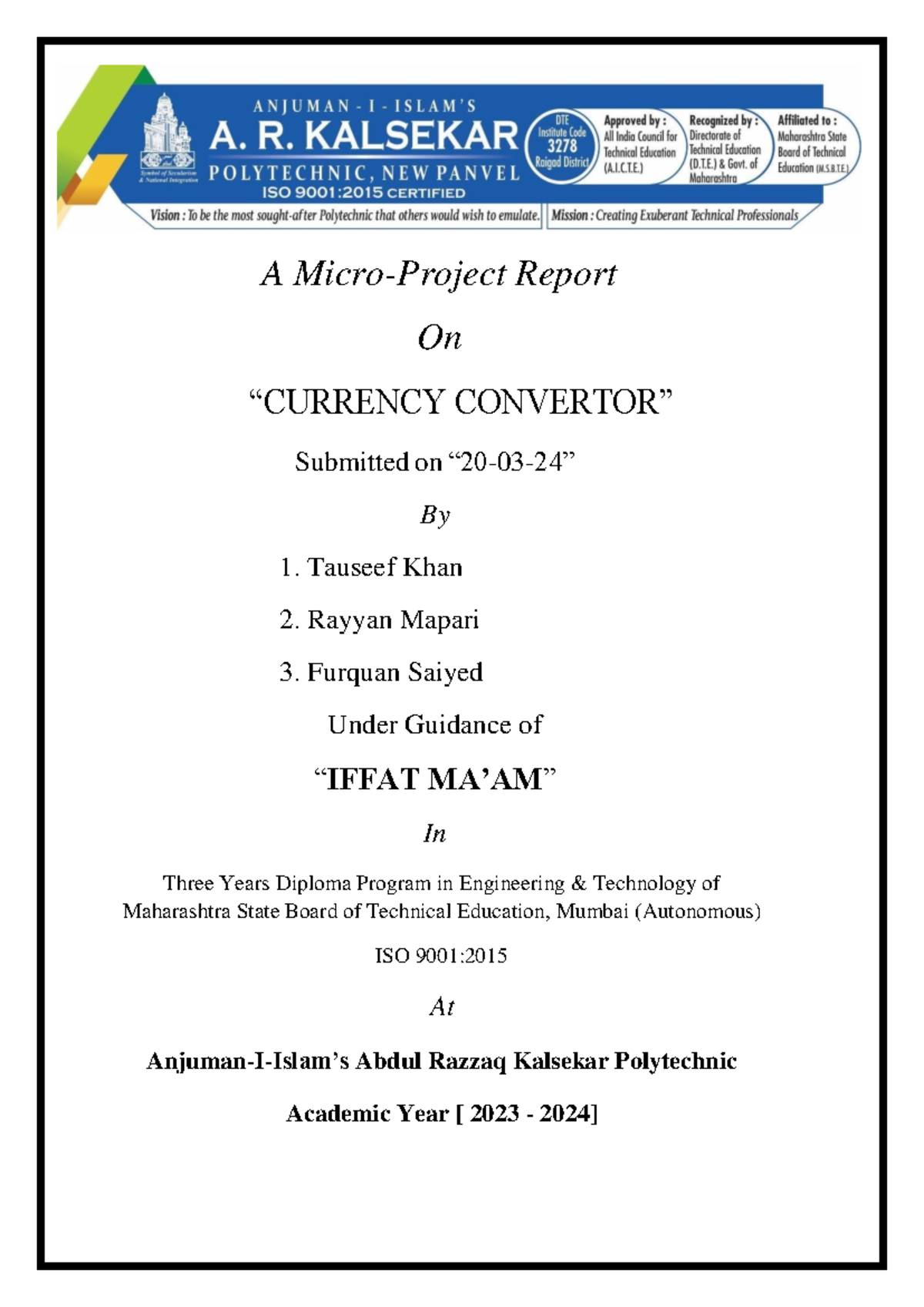 Report for java programing - A Micro-Project Report On “CURRENCY CONVERTOR” Submitted on “20- 03 ...