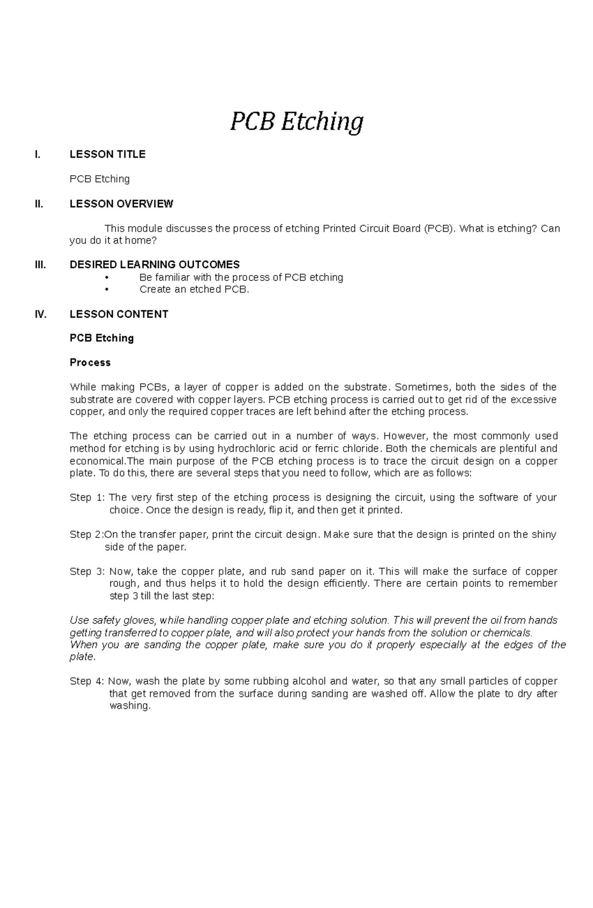 Module 9-PCB Etching - PCB Etching I. LESSON TITLE PCB Etching II ...