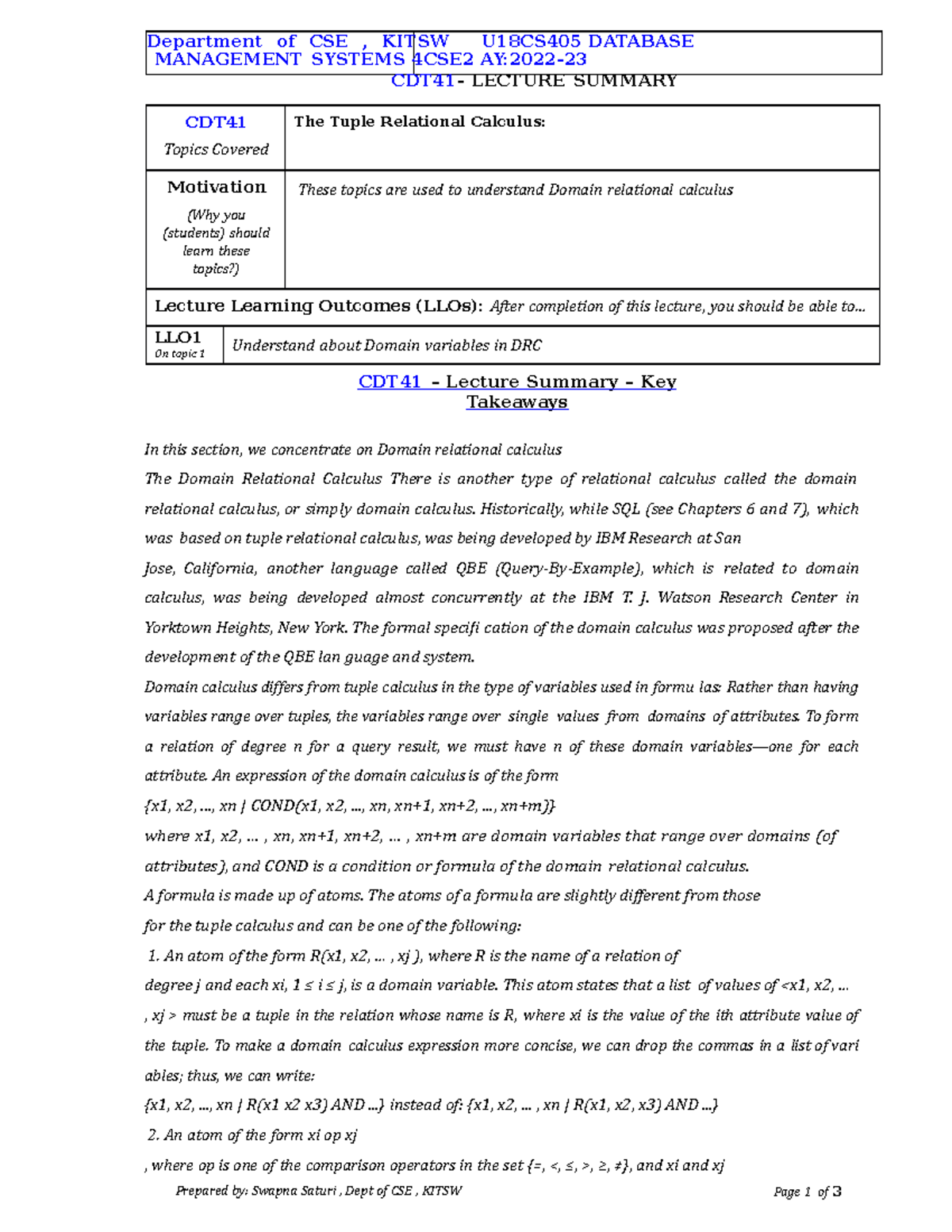 DBMS CDT41 Week 10 Summary 4CSE2 SS 2022-23 - Department of CSE , KITSW U18CS405 DATABASE ...