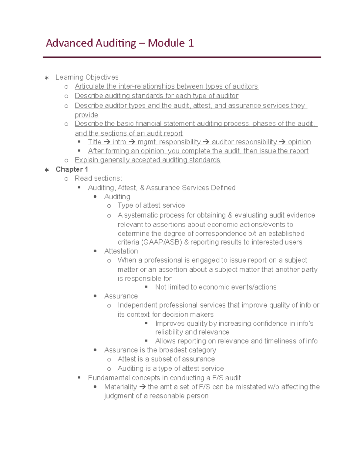 ACC 645 - Lecture notes all - Advanced Auditing Module 1 Learning ...