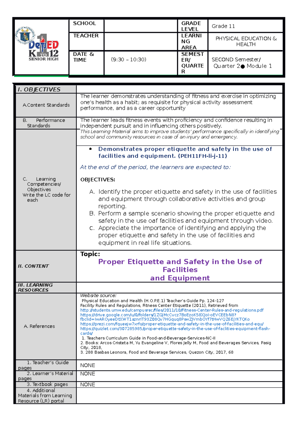 SHS-DLP- Proper Etiquette - SCHOOL GRADE LEVEL Grade 11 TEACHER LEARNI ...