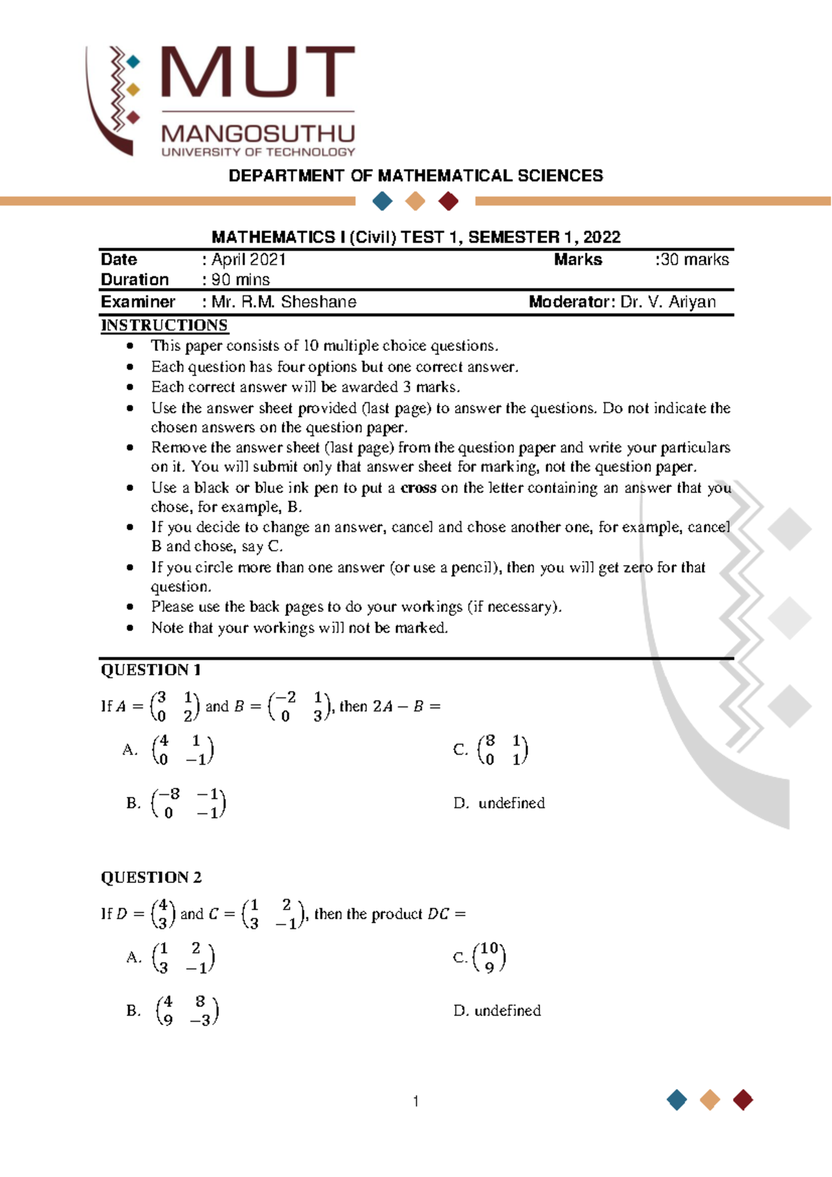 Test 1 MCQ S1 Civil - Mathematics 1 - 1 DEPARTMENT OF MATHEMATICAL ...