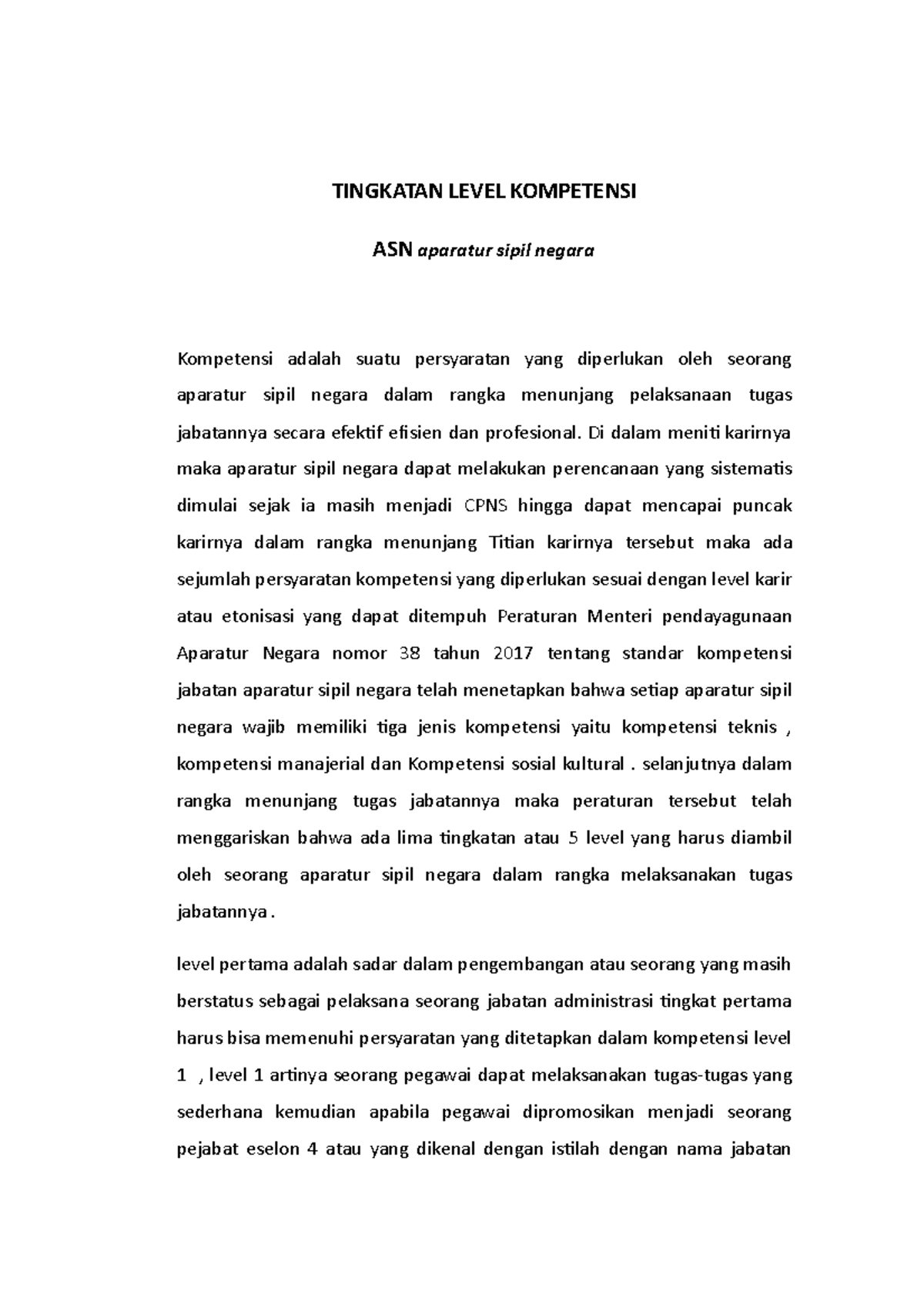 Tingkatan Level Kompetensi - TINGKATAN LEVEL KOMPETENSI ASN aparatur ...