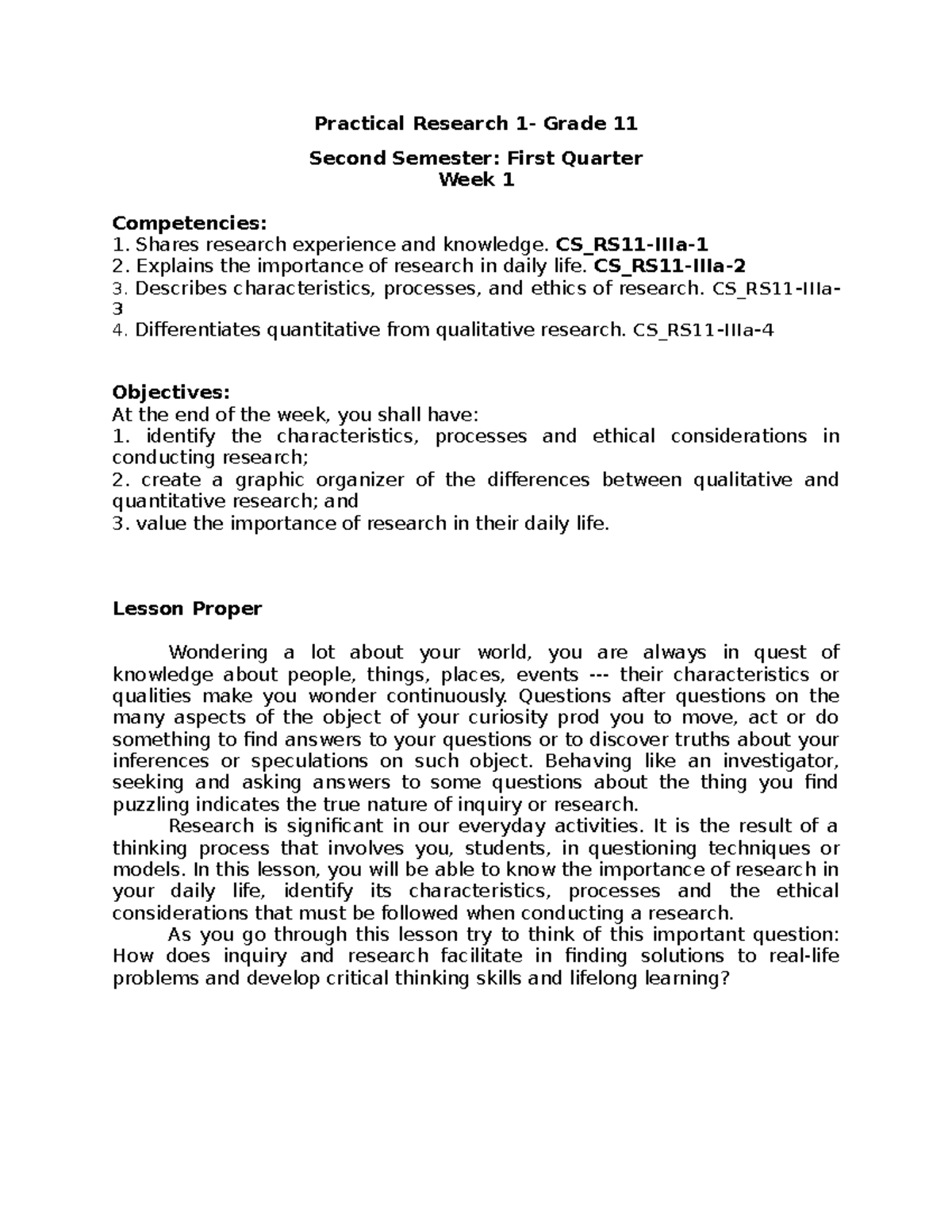 Practical Research 1 Introductin to Research and the Importance of ...