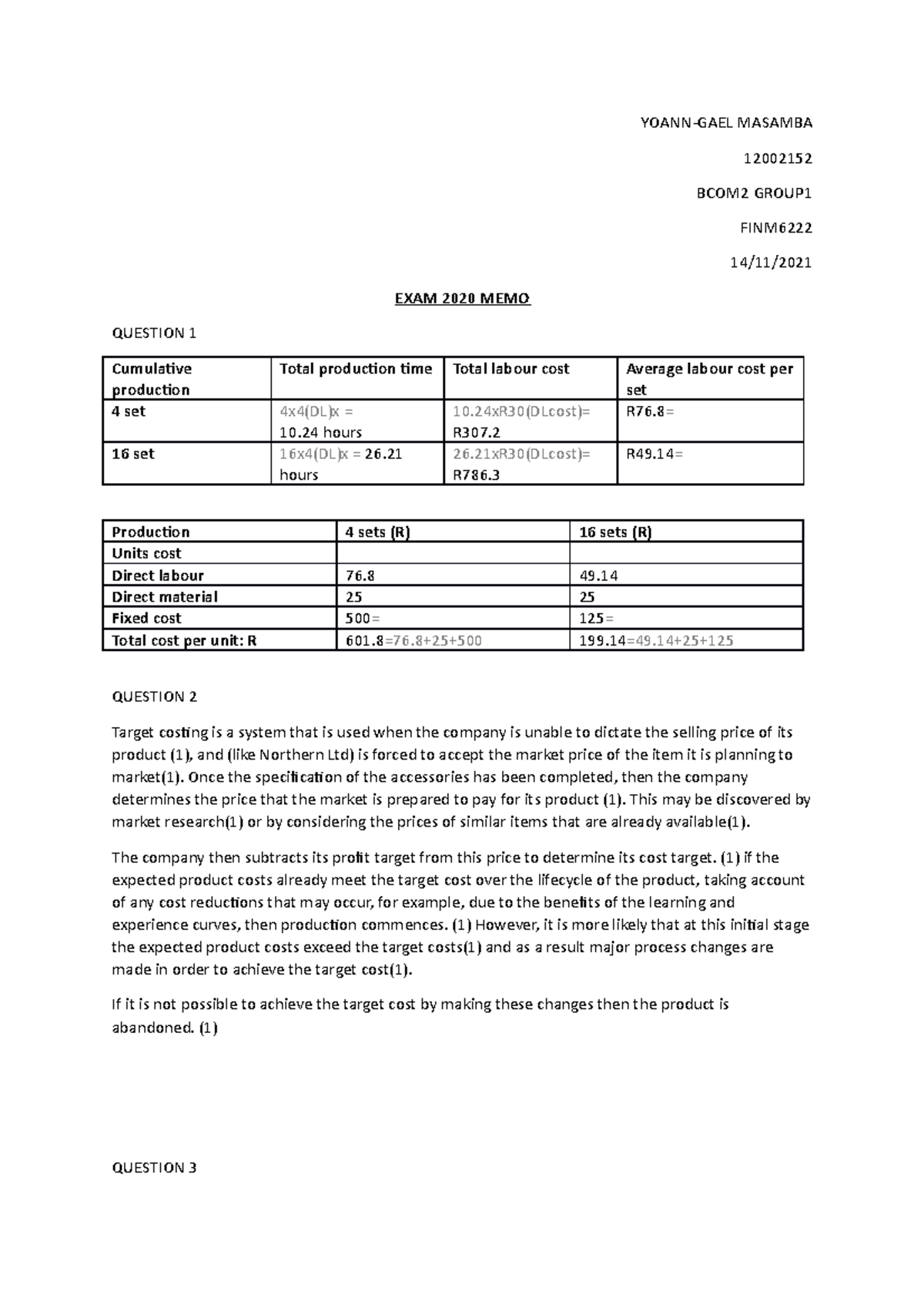 FINM6222 2020 EXAM MEMO - YOANN-GAEL MASAMBA 12002152 BCOM2 GROUP FINM ...