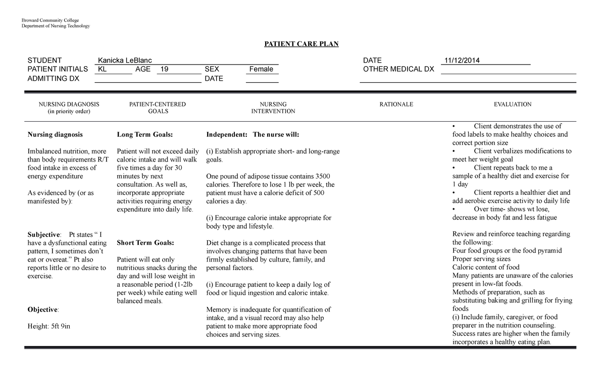 Nutritional Care Plan - Please just use as guide do not copy - Broward ...