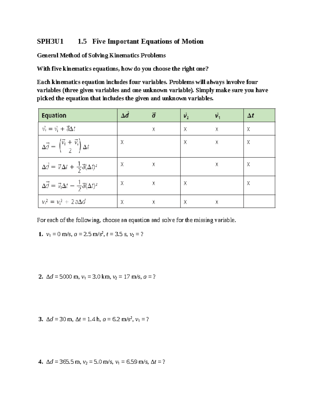 Five Equations of motion (Work that helps to study with) - SPH3U1 1 ...