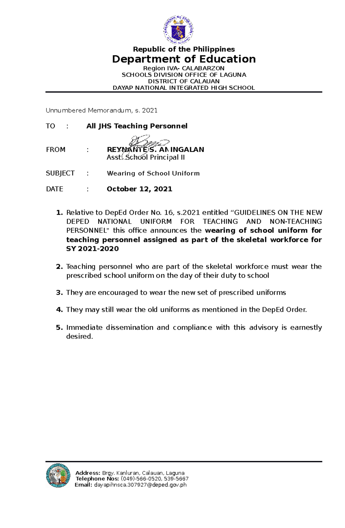 Advisory-Wearing of Uniform - Republic of the Philippines Department of ...