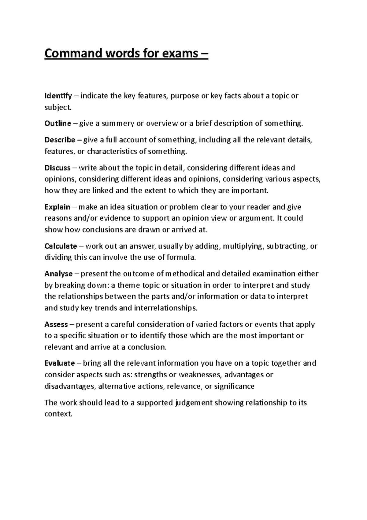 Command words for exams - Outline – give a summery or overview or a ...