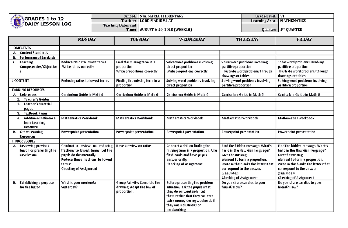 DLL Mathematics WEEK 10 - GRADES 1 to 12 DAILY LESSON LOG School: STA ...