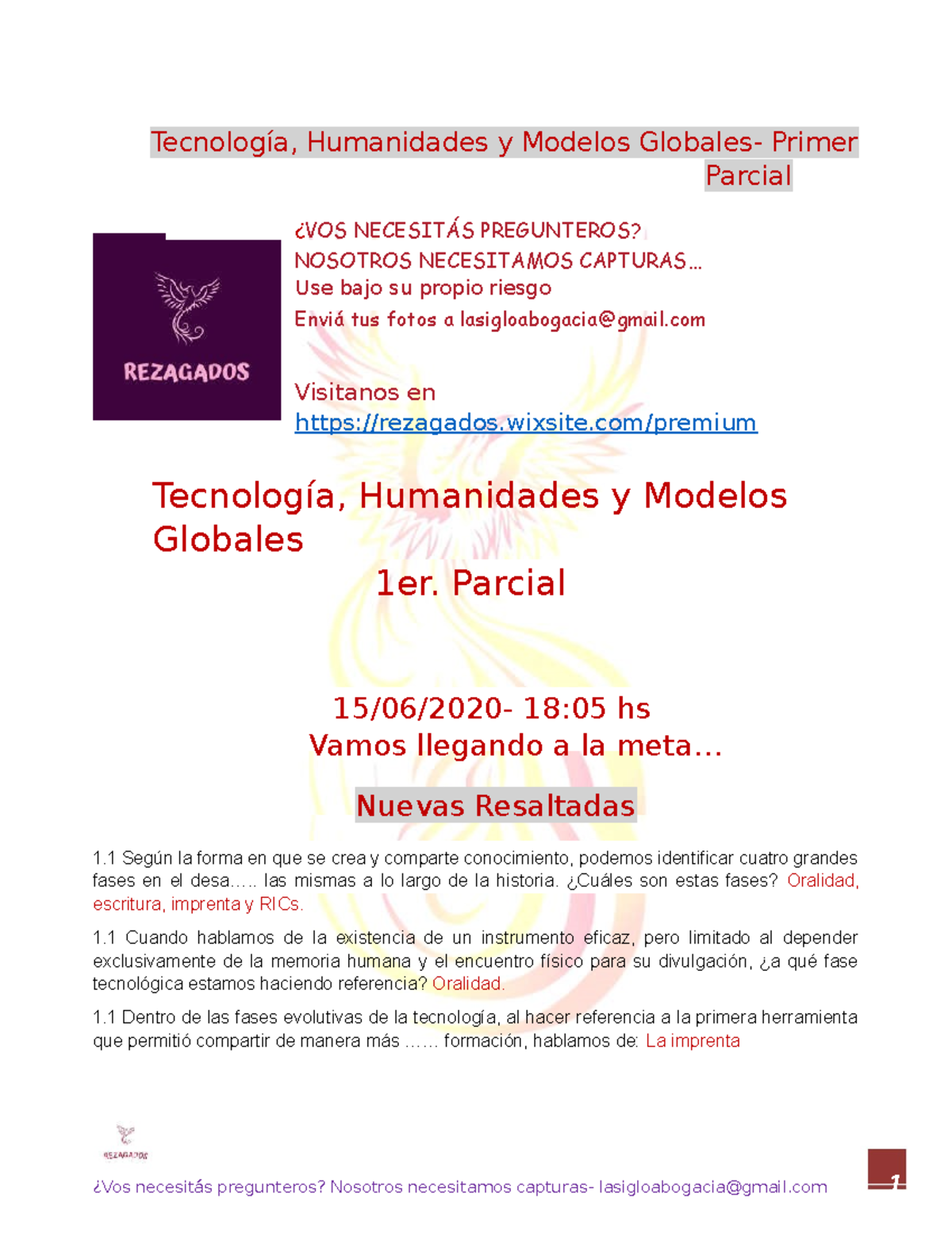 15-06-2020 Tecnologia Humanidades y Modelos Globales Primer Parcial - 1 ...
