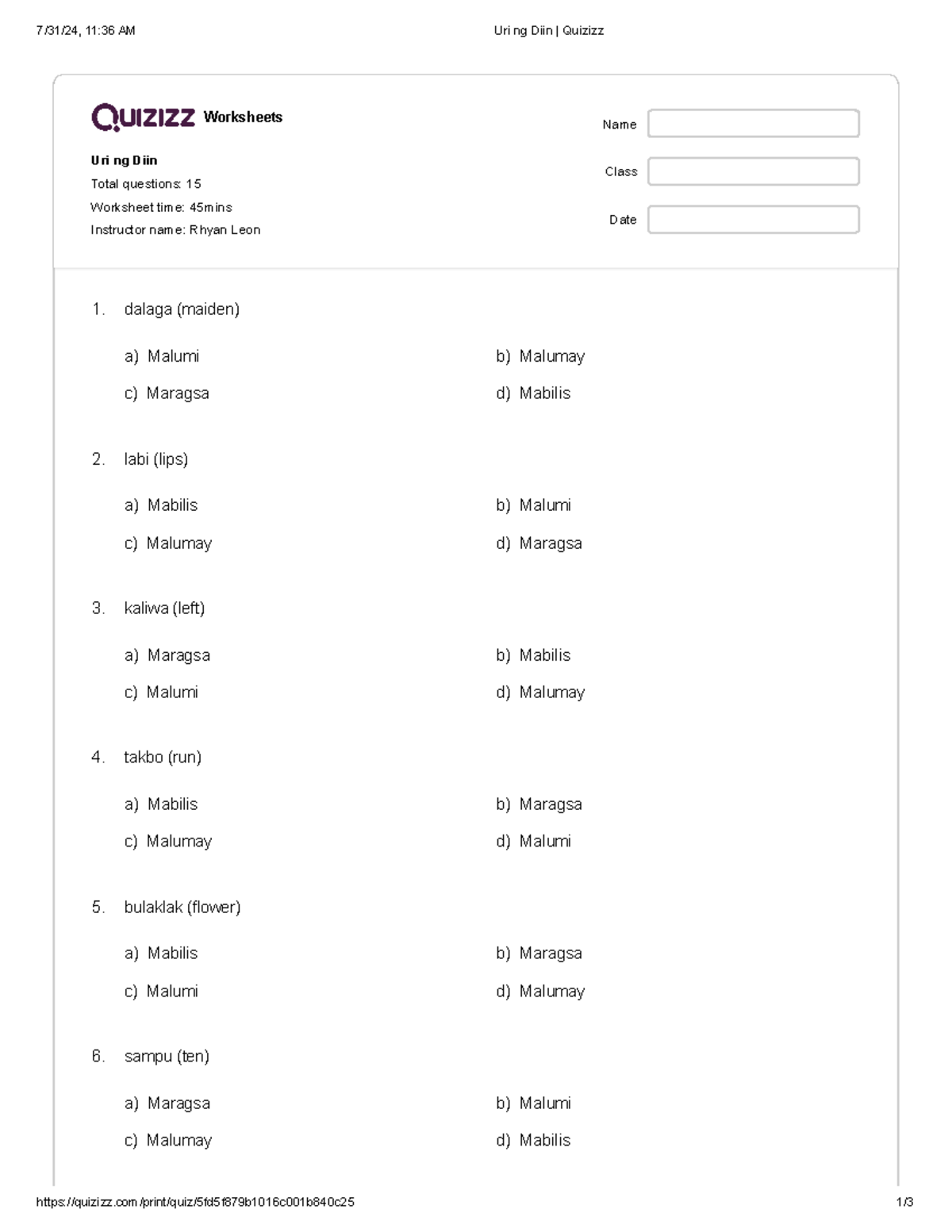 Uri ng Diin Quizizz - sigi - Worksheets Uri ng Diin Total questions: 15 ...