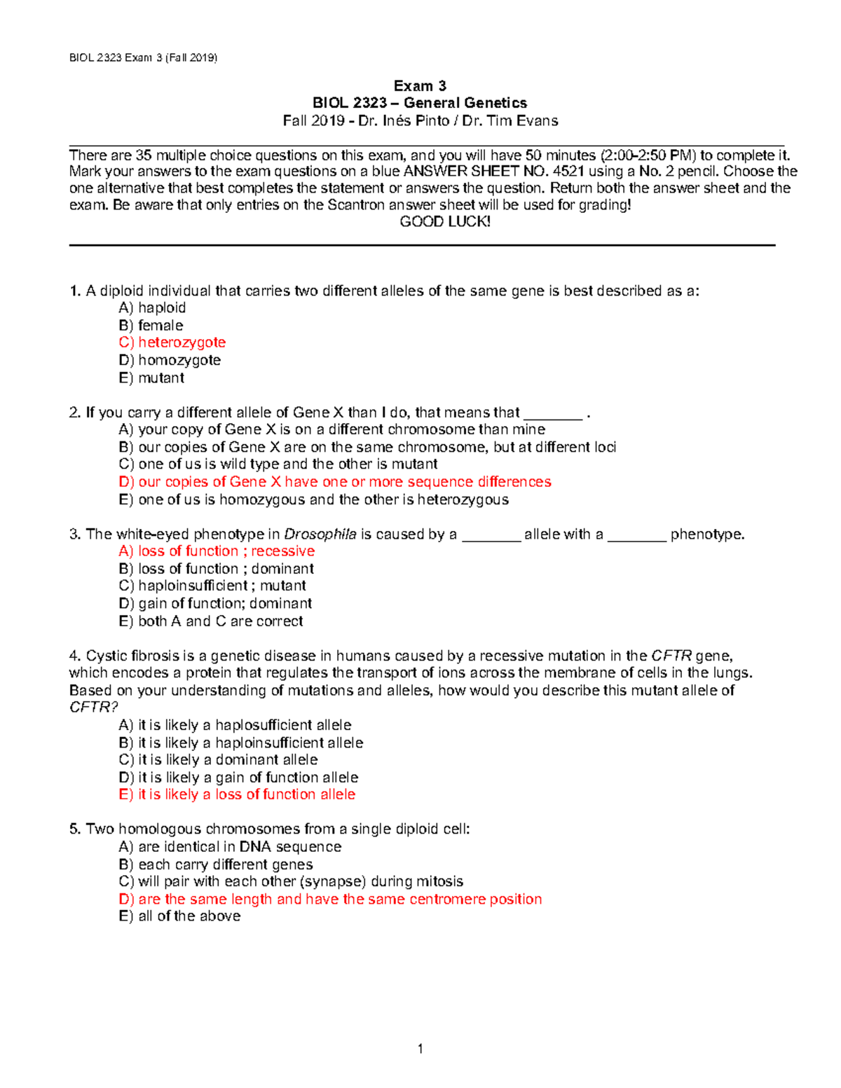 Genetics exam 3 Fall 2019 key - Exam 3 BIOL 2323 – General Genetics Fal ...