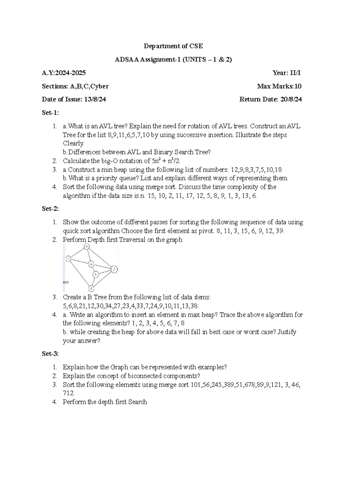 Ads Assignment - Department of CSE ADSAA Assignment-1 (UNITS – 1 & 2) A:2024-2025 Year: II/I ...