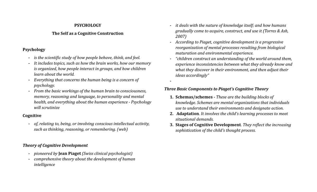 UTS-notes - UTS NOTES - PSYCHOLOGY The Self as a Cognitive Construction ...