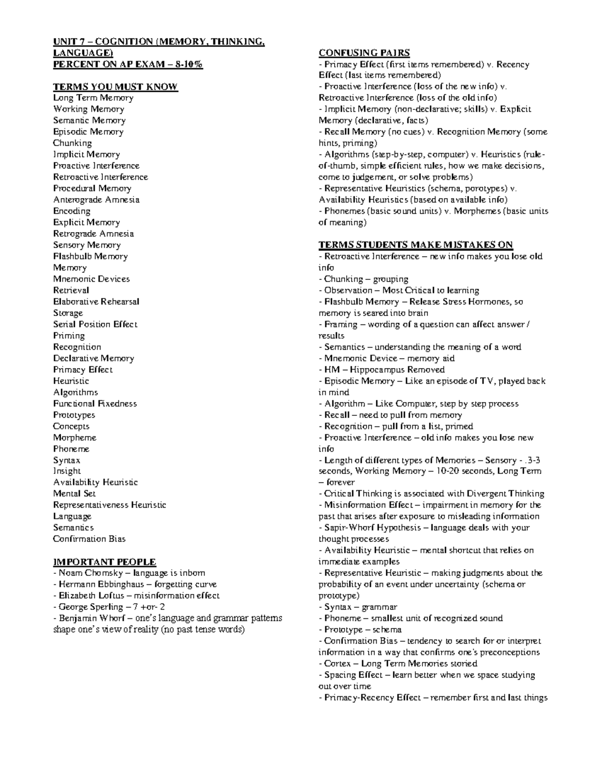 Unit 4 Memory Study Guide - UNIT 7 – COGNITION (MEMORY, THINKING, LANGUAGE) PERCENT ON AP EXAM ...