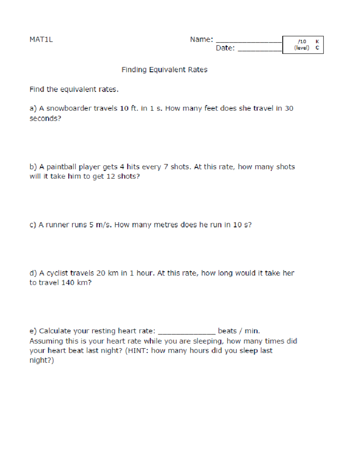 07 - Equivalent Rates Worksheet - Studocu