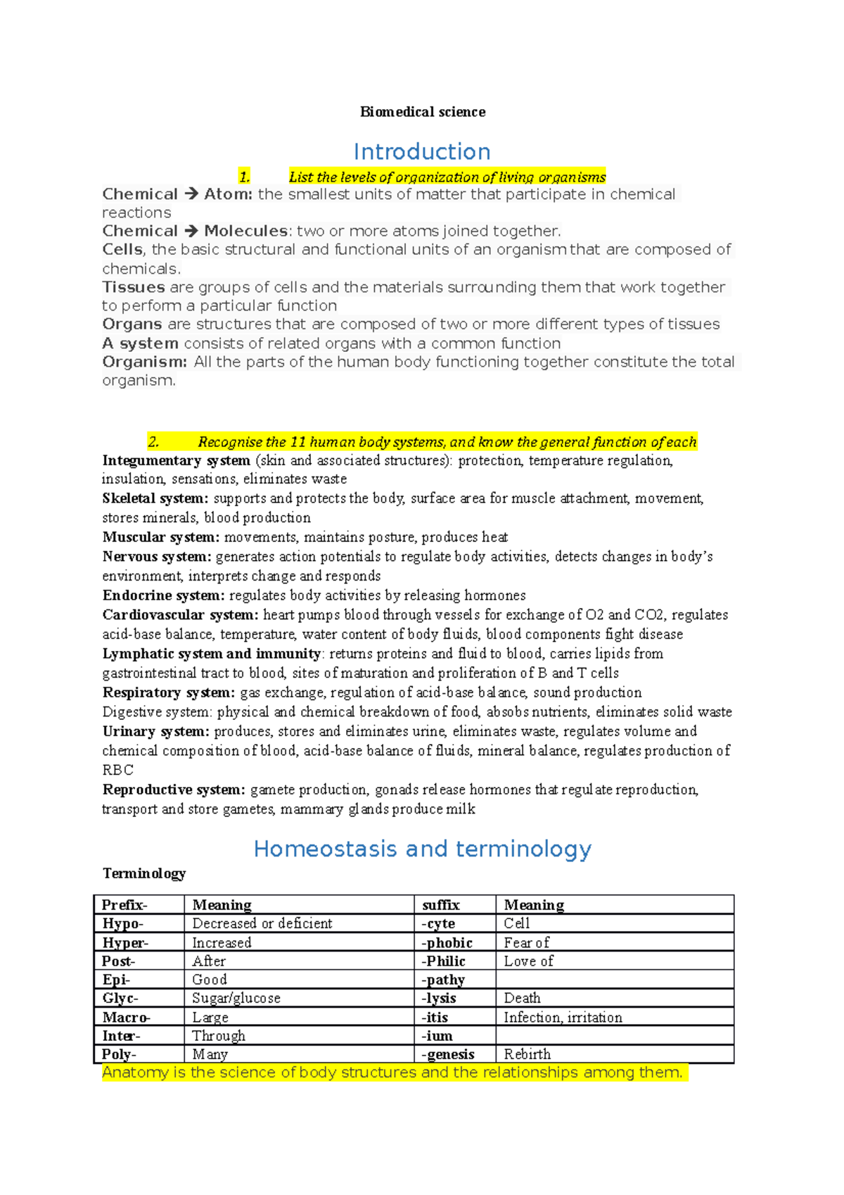 Biomedical science part 1 - Biomedical science Introduction 1. List the ...