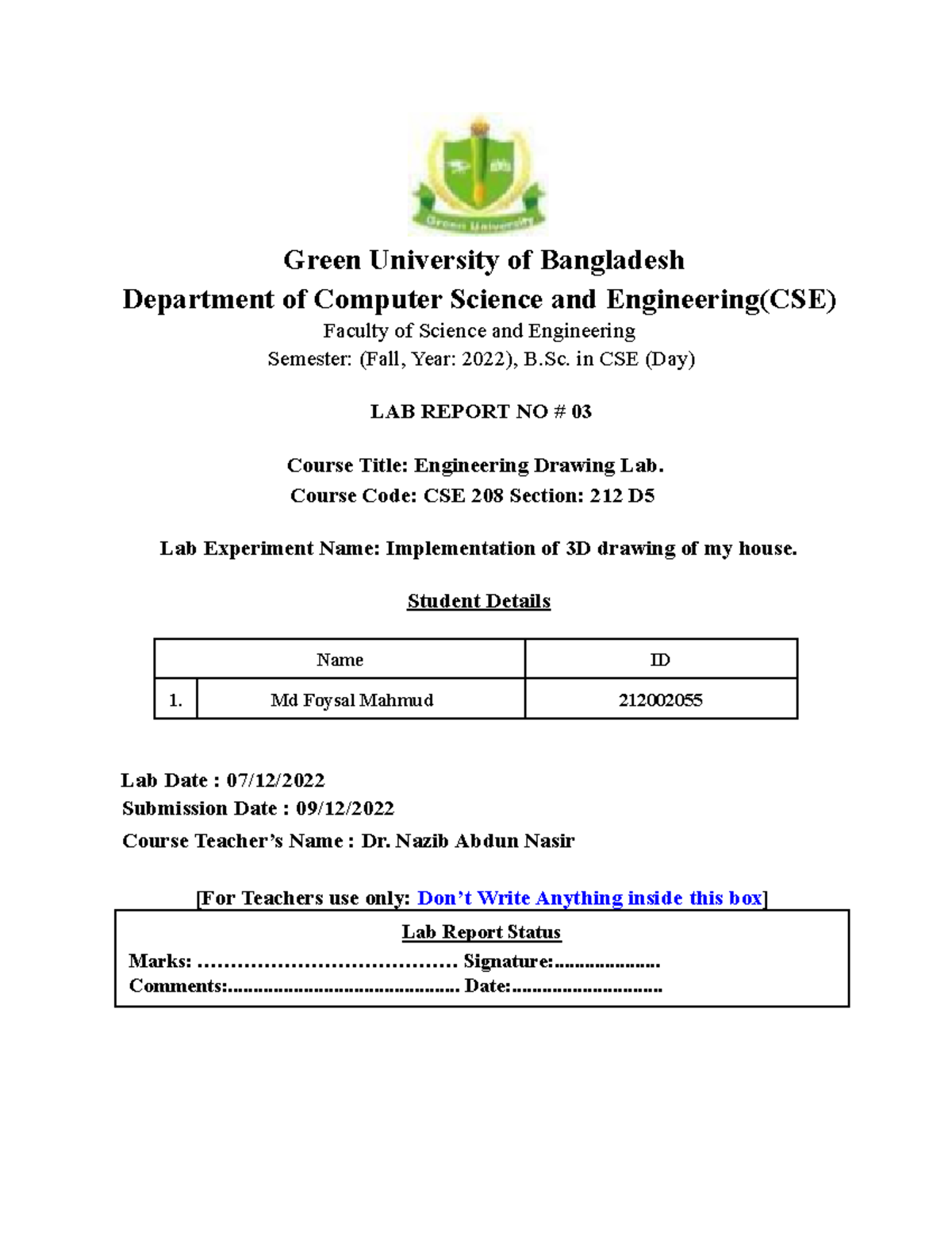 Foysal [212002 055 ] - lab report - Green University of Bangladesh ...
