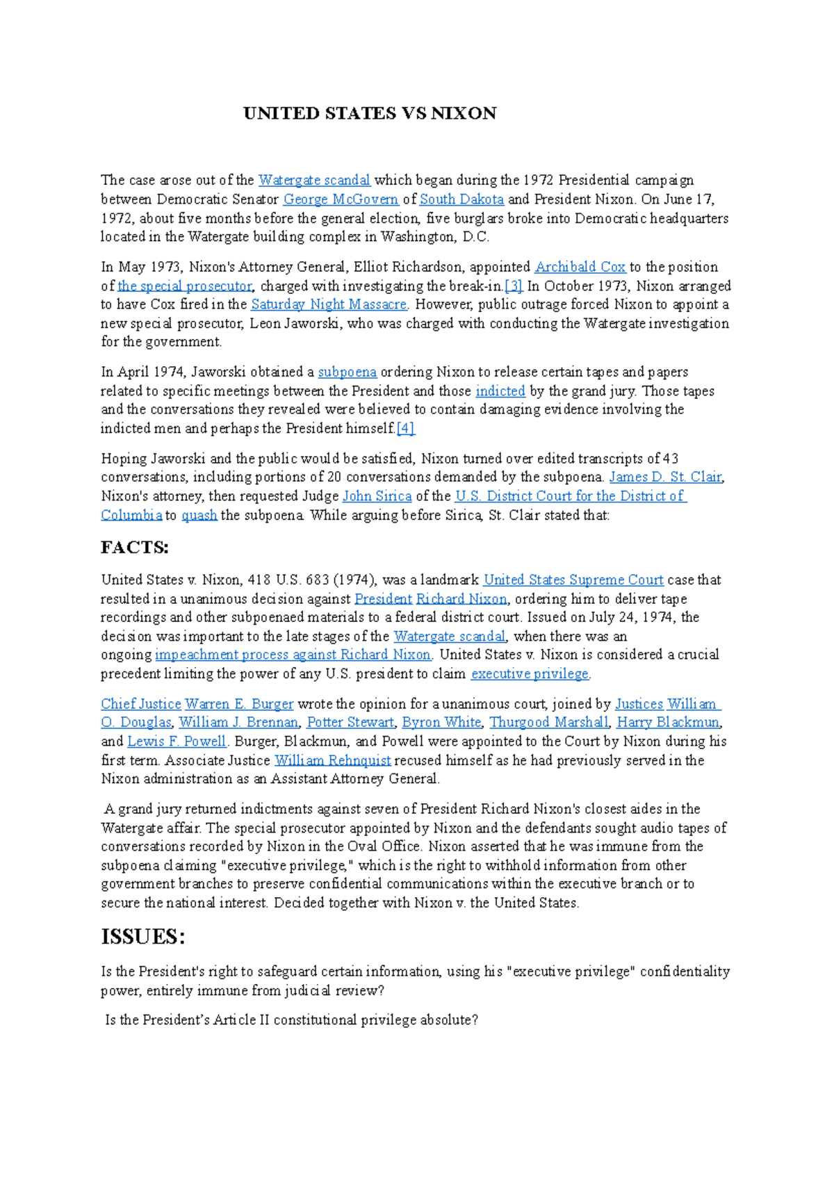 United States VS Nixon - Lecture notes 5 - USA Constitution - Studocu