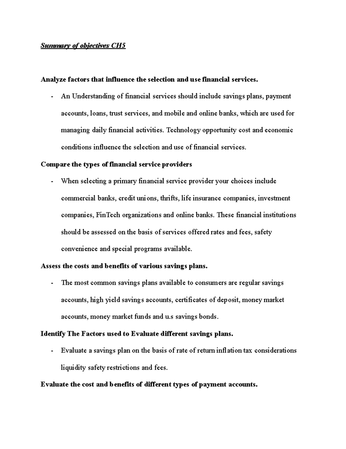 Summary of objectives CH5 - Summary of objectives CH Analyze factors ...