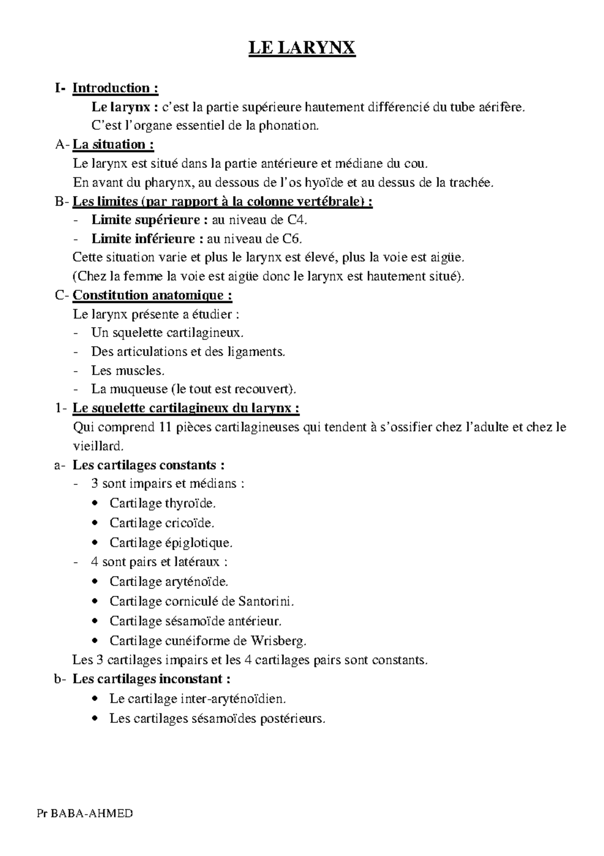 anatomie du larynx - LE LARYNX I- Introduction : Le larynx : c’est la ...