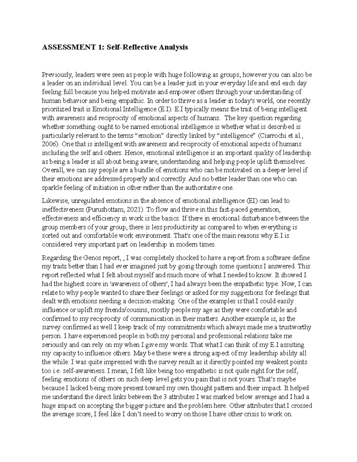 MGT601 M Garry J Selfreflective Analysis - ASSESSMENT 1: Self-Reflective Analysis Previously ...