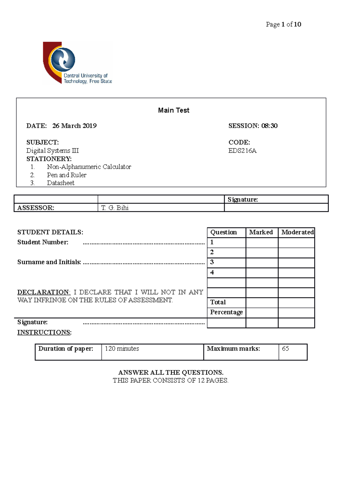 Main Test - Memo - the main test - Main Test DATE: 26 March 2019 ...