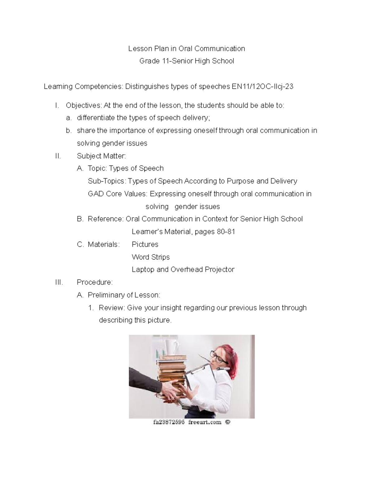 Lesson Plan in Oral Communication 3 - Lesson Plan in Oral Communication ...