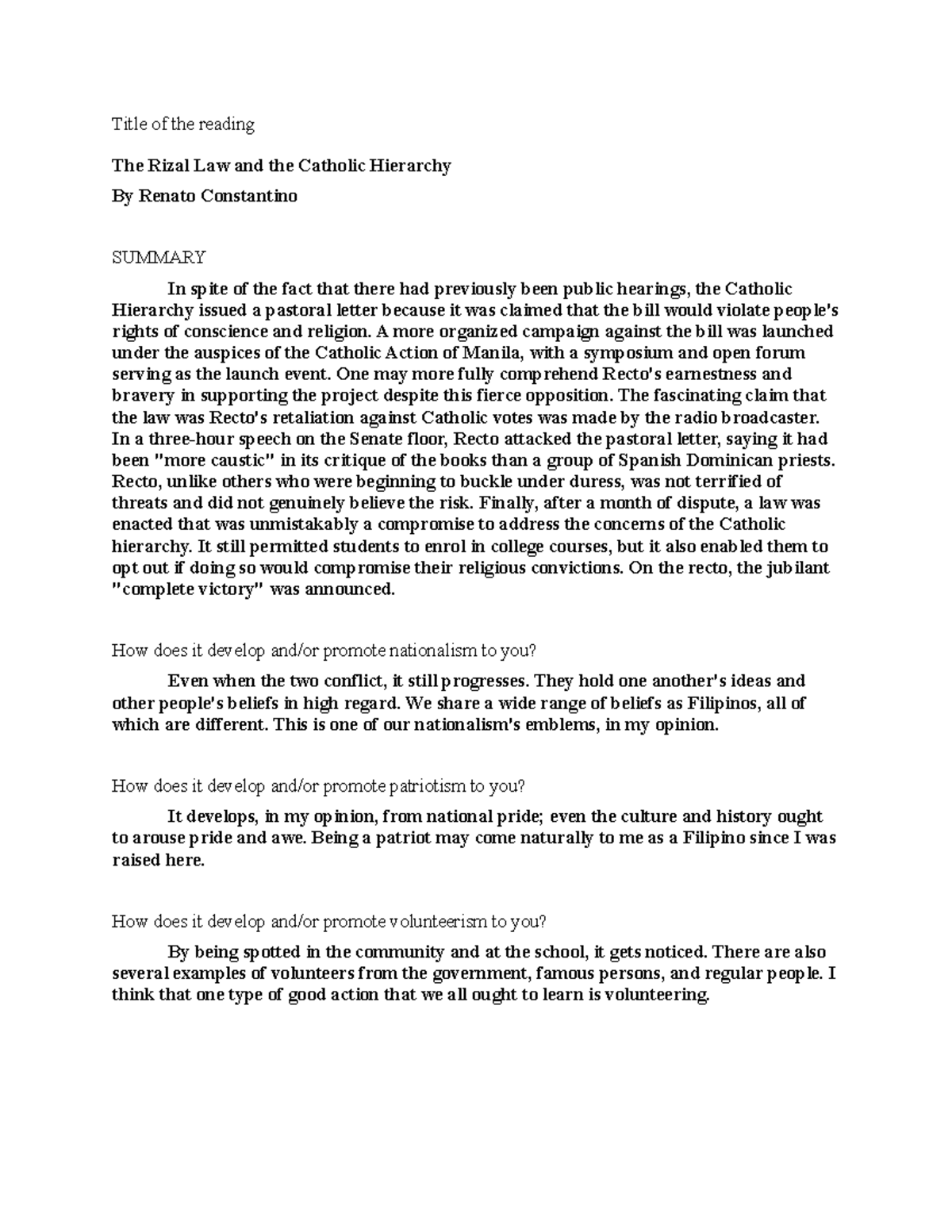 Worksheet 1B Rizal - Title of the reading The Rizal Law and the ...