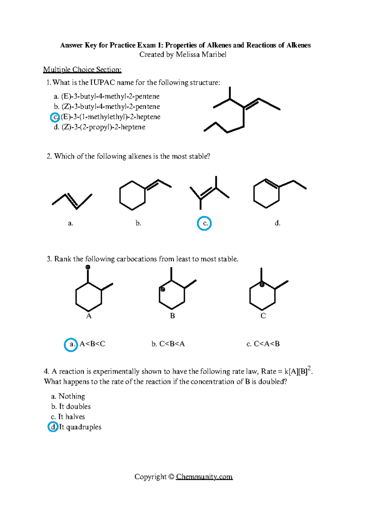 Answer Key Alkene Practice Exam 1 Properties Of Alkenes And Reactions