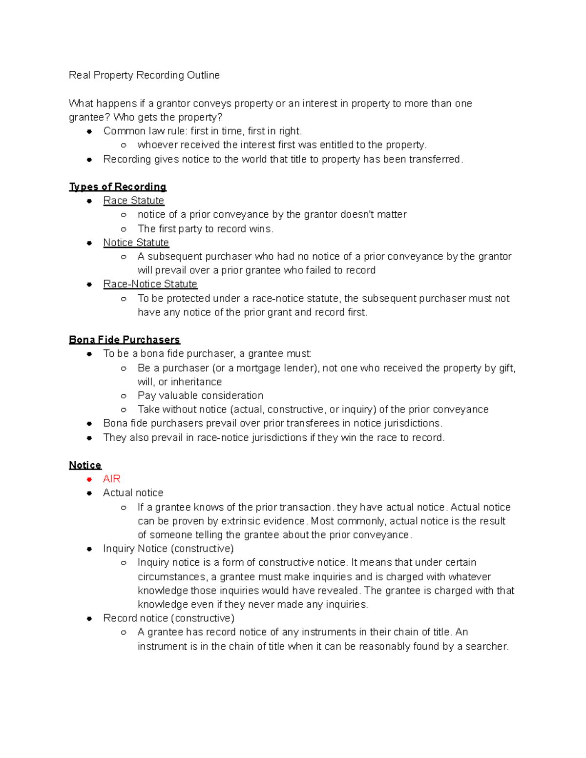 Real Property Recording Outline for Bar Prep - Real Property Recording ...