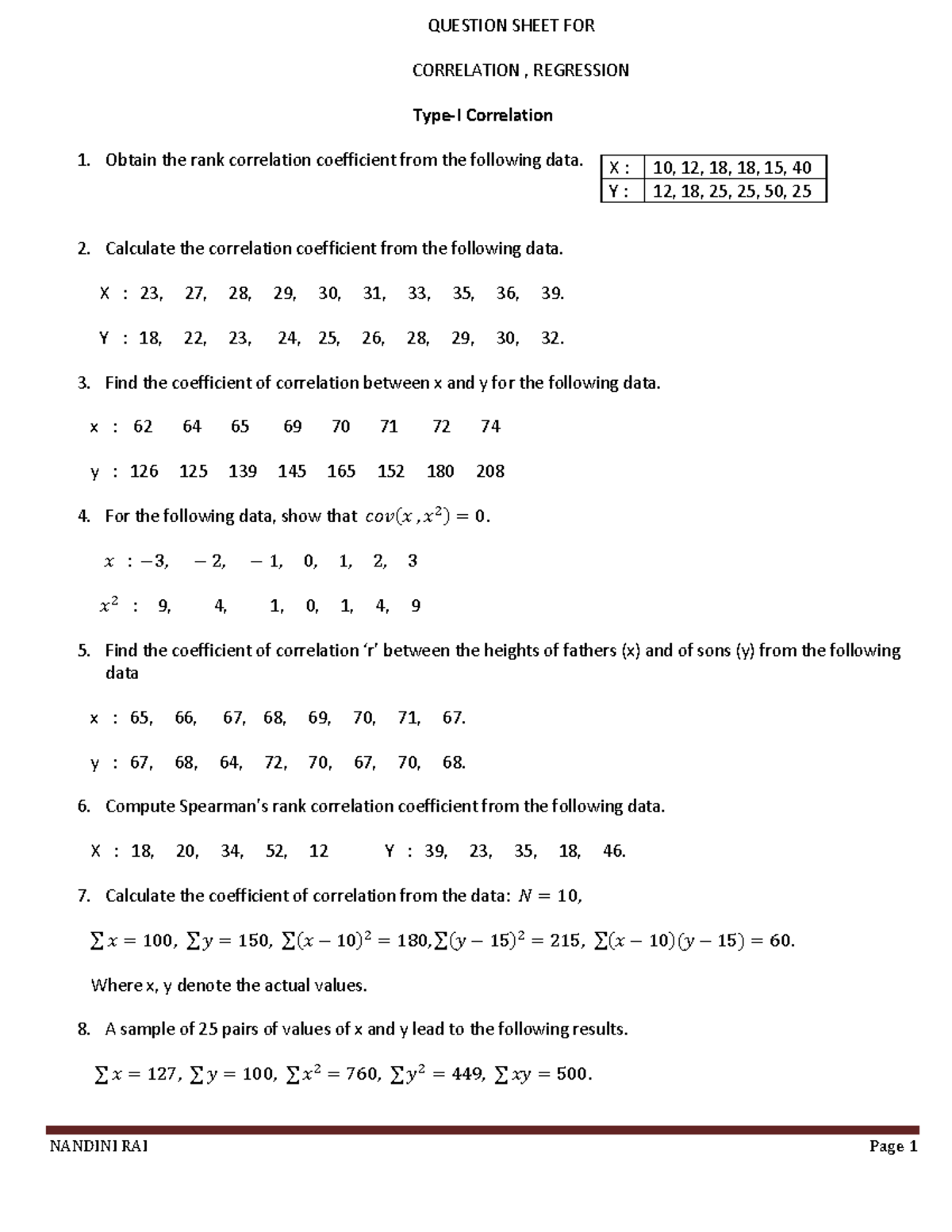 Question Bank - Correlation & Regression - NANDINI RAI Page 1 QUESTION ...