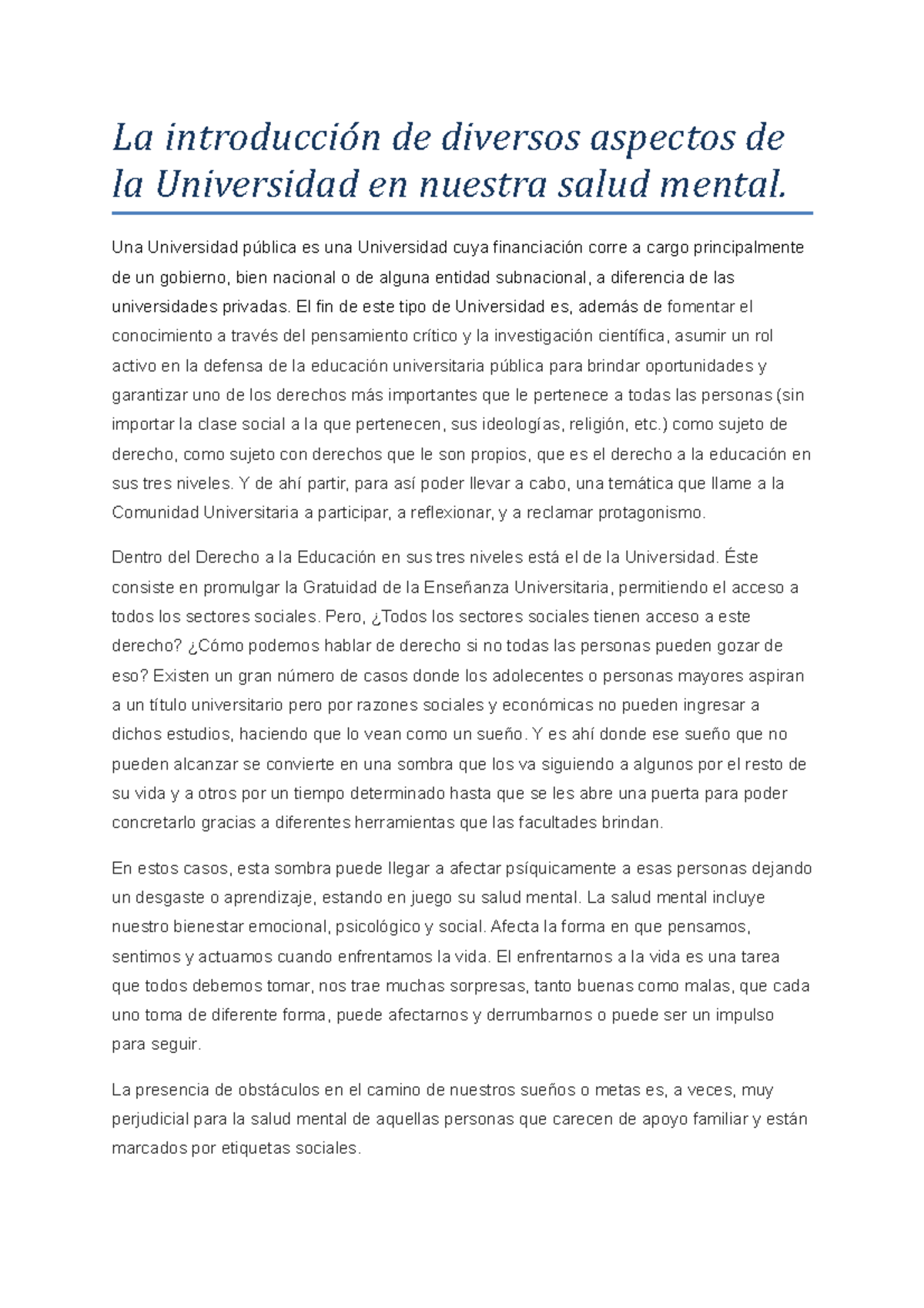 Ensayo. UP y DD HH - Propedeutico de ingreso. - La introducción de ...