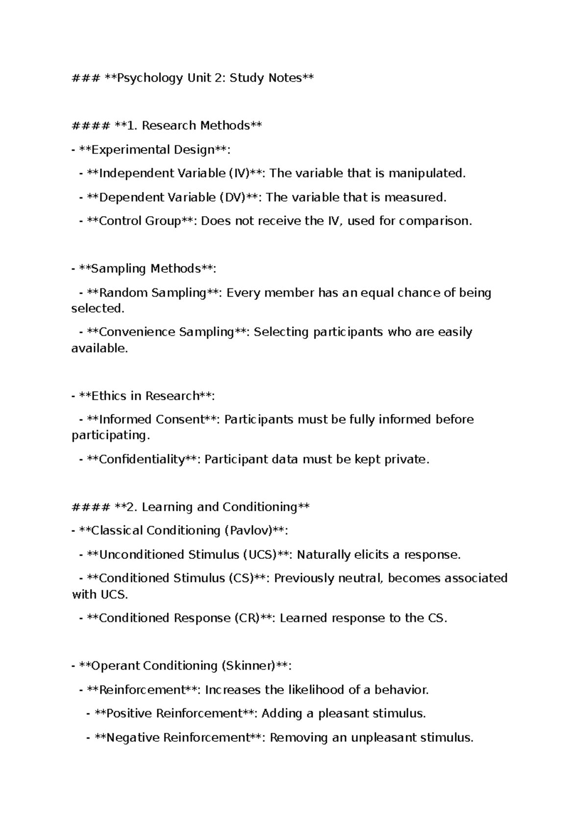 Psychology Unit 2 - exam notes - Psychology Unit 2: Study Notes 1 ...